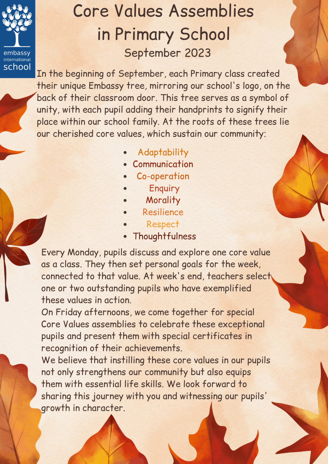 Primary School - Core Value assemblies 2023/2024 - Embassy ...